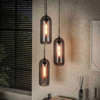 M&S Collection Suspension 3 lampes tubes 35x35x180 cm en verre souffl&eacute; noir