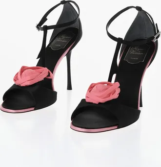 Roger Vivier Silk T-Strap Sandals with Front Rose 10cm Roger Vivier
