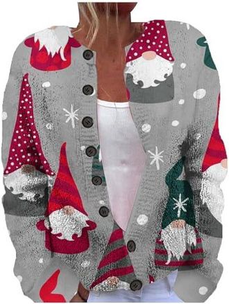 Generic 2026 Vestes pour femmes Mode Casual Automne Hiver No&euml;l Imprim&eacute; Bouton Cardigan Veste, gris clair, XXL