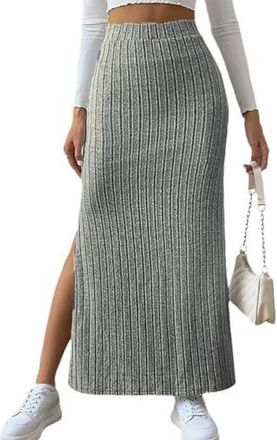 Onsoyours Jupe Longue en Maille Côtelée pour Femme avec Fente Taille Haute Vintage Rétro de Loisirs - Crayon en Tricot avec Taille Élastique - B Gris Clair XXL