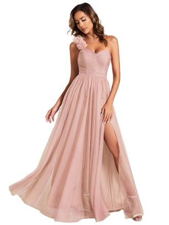 Ever-pretty Abendkleid Lang Elegant f&uuml;r Hochzeit Eine Schulter A-Linie Ballkleider Damen Brautjungferkleider Chiffon Geschlitztes Kleid Rosa 46