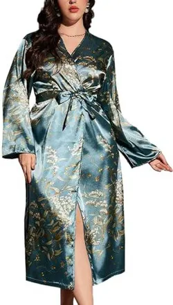 Generic Femmes Plus Size Robes de Soie Kimono Satin Peignoir Floral Manches Longues V Cou Sleepwear Robe de Chambre,Vert,4XL