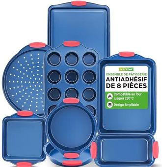 Nutrichef Moules &agrave; P&acirc;tisserie, Lot de 8 Pi&egrave;ces avec Poign&eacute;es en Silicone R&eacute;sistantes &agrave; la Chaleur, Plaques de Cuisson Antiadh&eacute;sifs en Acier au Carbone, sans PFO
