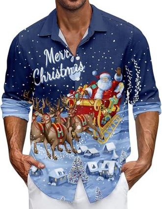 Generic Chemise de No&euml;l pour homme - F&ecirc;te de fin dann&eacute;e - Manches longues - Impression darbre de No&euml;l et neige - Chemise d&eacute;contract&eacute;e &agrave; manches longues et col