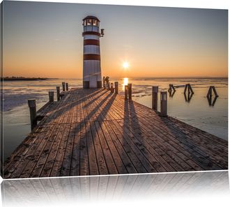 Pixxprint Leuchtturm am Steg im Sonnenuntergang, Größe: 120x80cm, Leinwandbild, fertig gespannt, Wandbild, Dekoration, Kunstdruck, kein Poster