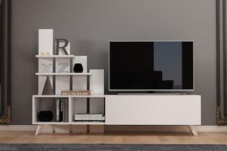 Hanah Home Modern White TV Stand, 160 cm x 115 cm x 33 cm | 100% Melamine Coated Particle Board, 18 mm Thick | Stylish & Functional for Living Room & Entertainme