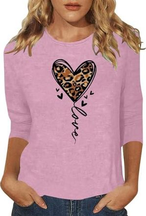Generic SuWomens T-shirt d&eacute;contract&eacute; &agrave; col rond et manches 3/4 Motif floral, rose clair, XXL