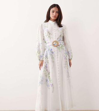 Forever New Robe mi-longue boutonn&eacute;e &agrave; fleurs avec manches ballon et ceinture - Blanc-Bleu
