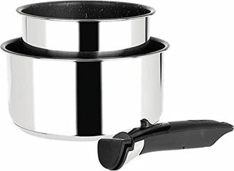 Sitram 714267 lot de 2 casseroles ARPEGE en acier inoxydable &Oslash; 16 et 20 cm + manche amovible - rev&ecirc;tement int&eacute;rieur anti-adh&eacute;sif - compatible tous feux dont 