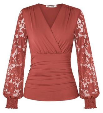 Grace Karin Femme &Eacute;l&eacute;gant Haut Dentelle Col V Crois&eacute; Sexy Blouse Portefeuille Pliss&eacute; Ajust&eacute; Festif