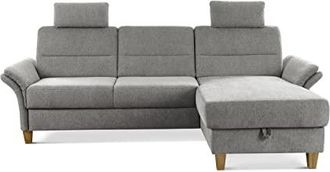Cavadore Ecksofa Wyk mit Federkern / Schlafsofa im Landhaus-Stil mit Longchair, Bett, Bettkasten, Armteilfunktion + 2 Kopfstützen / 252 x 90 x 162 / Chenille, 