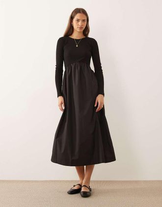 Threadbare Lang&auml;rmliges Midikleid in Schwarz aus Jersey und Popeline