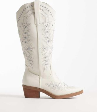 Glamorous Kniehohe Westernstiefel in Cremewei&szlig; mit Stickerei