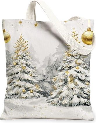 Generic Sacs fourre-tout en toile motif sapins de No&euml;l, sacs d&eacute;picerie r&eacute;utilisables, vintage, l&eacute;gers et lavables avec bandouli&egrave;re, blanc, 13x15 Inch