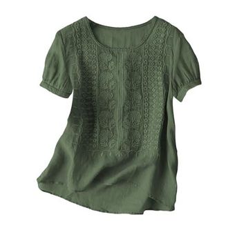 Generic Chemise en lin pour femme habill&eacute;e d&eacute;contract&eacute;e r&eacute;tro broderie fleur hauts &agrave; manches courtes boh&egrave;me d&eacute;t&eacute; tendance tunique fluide, Vert, 3XL
