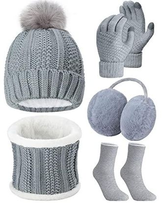 Hicarer 5 Set de Bonnet &Eacute;charpe Gants Cache-Oreilles Bas (Gris Fonc&eacute;), M