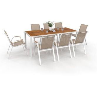 IDMarket Salon de jardin NOUMEA table 190 cm plateau verre tremp&eacute; effet bois et 8 chaises empilables blanc et bois