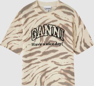 Ganni Tee Shirt Graphic Wool Printed Egret