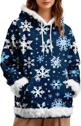 Generic Pull de Noël pour femme, grande taille, imprimé arbre de Noël pailleté, sweatshirts à capuche pour lhiver, hauts de Noël pelucheux à manches longues, 