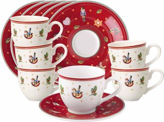Villeroy & Boch Toys Delight Mokka-/Espressotassen mit Untertassen 6er Set, 70 ml, Weihnachtliches Espressogeschirr Hartporzellan, Wei&szlig;/Rot, Rund