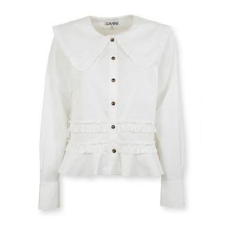 Ganni Femme, Blouses et Chemises, Blanc, Taille: 42 FR Stretch Cotton Ruffle Shirt