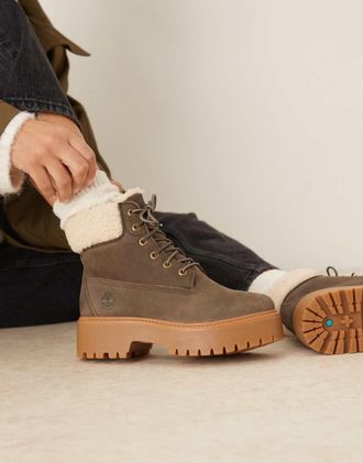 Timberland Stone Street 6 Inch - Lederstiefel in Dunkelbraun mit Plateausohle und Teddy-Futter-Brown