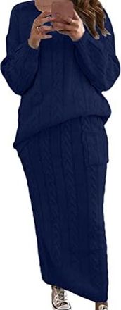 Minetom Ensemble Tricot Femme 2 Pièce Pullover Col Rond Manches Longues Pull et Jupe Chandail Survêtement Tricoté Aotumne Hiver Midi Robe A Marine XXL