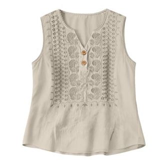 Generic D&eacute;bardeur &agrave; col en V pour femme avec boutons brod&eacute;s floraux, sans manches, en coton et lin, l&eacute;ger et confortable, couleur unie, coupe ample, &eacute;l&eacute;gant, 