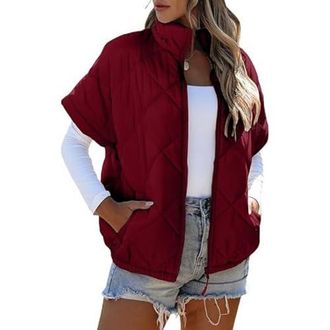 Generic Veste matelass&eacute;e surdimensionn&eacute;e &agrave; manches courtes avec col montant et fermeture &eacute;clair sur le devant pour femme, rouge fonc&eacute;, XXL