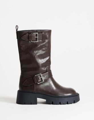Topshop Lincon bottes chunky mi-mollet &agrave; boucles en chocolat-Marron