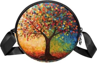Generic Sac &agrave; bandouli&egrave;re rond pour femme, motif arbres color&eacute;s, petit sac &agrave; dos &agrave; bandouli&egrave;re avec fermeture &eacute;clair, bretelles r&eacute;glables, sac &agrave; main rond d&eacute;c