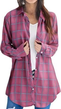 Generic Chemisier &agrave; carreaux pour femme - Manches longues - Col en V - Chemise &agrave; carreaux boutonn&eacute;e - Grandes tailles - T-shirt &agrave; manches longues - Chemisier 