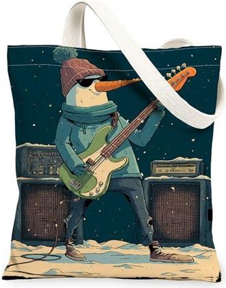 Generic Sacs fourre-tout en toile motif bonhomme de neige dhiver, sacs d&eacute;picerie r&eacute;utilisables, l&eacute;gers et lavables avec bandouli&egrave;re pour Tr, Bleu, 13x15 Inch