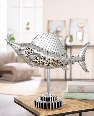 Gilde Figur Steampunk Sailfish aus Kunstharz, silberfarben, antikfinish, Zahnradmotiv, 36 cm hoch, 50 cm breit