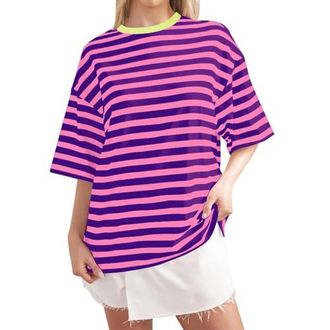 Generic T-shirt &agrave; rayures d&eacute;contract&eacute; pour femme avec col rond et manches courtes pour le printemps. T-shirt ray&eacute; minimaliste et confortable, lilas, XXL