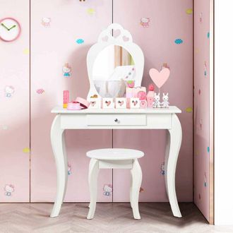 Costway Costway - Coiffeuse enfant avec miroir - MDF et bois de pin massif - Dimensions 70 x 34 x 105 cm - Tiroir de rangement - Plateau amovible