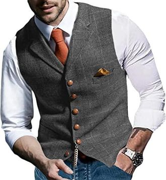 Onsoyours Veste de Costume pour Homme Slim Fit Gilet Casual Tweed Soiree Formelle Veste sans Manches pour Mariage A Gris XXL