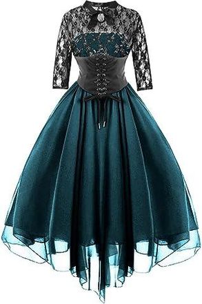 Generic Robe Corset Gothique Femme en Dentelle Vintage à Lacets Manches Courtes Midi Robe De Steampunk Cocktail Formelle Punk Hippie Cocktail SoiréE FêTe Part