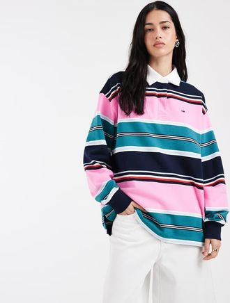 Tommy Jeans Polo de rugby d&eacute;contract&eacute; &agrave; rayures - Rose/vert-Multicolore