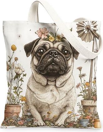 Generic Sac fourre-tout r&eacute;utilisable en toile pour faire du shopping avec motif carlin printanier, 33 x 38,1 cm, sac d&eacute;picerie r&eacute;utilisable pour femme, ferme,