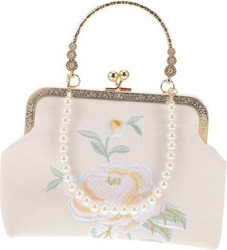 Kesyoo Mini sac &agrave; bandouli&egrave;re en polyester pour femme avec fermeture &agrave; baiser et perles courtes, sac de soir&eacute;e d&eacute;coratif pour mariage et f&ecirc;te, couleur blanc 