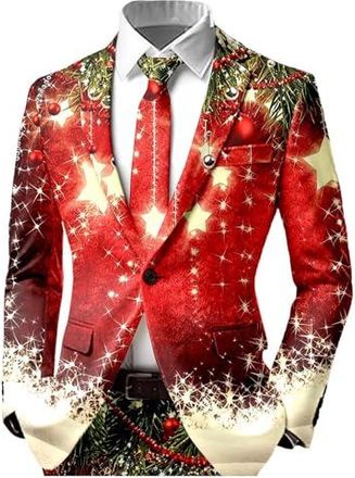 Generic Blazer de Noël pour homme - Veste de costume de Noël moche - Coupe ajustée - Revers simple boutonnage - Costume fantaisie - Flocon de neige - Père Noë