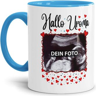 Tassendruck Tasse - Hallo Baby - mit EIGENEM Ultraschallbild zum SELBSTGESTALTEN für Uroma - Schwanger - Geschenkidee Familie - Erinnerung - Innen & Henkel Hellbl
