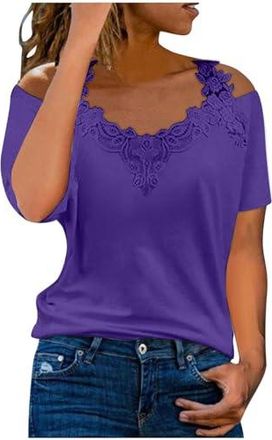Generic Haut Femme Dentelle, Tee Shirt Blanc Épaules Dénudées-Top Sexy Manche Courte Couleur Unie Épissage Chemisiers Chic Et Elegant Basique Blouses Casual C