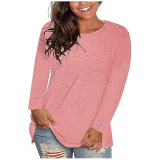 Generic Chemise à manches longues pour femme - T-shirt tendance décontracté à col rond - Couleur unie - Haut à manches longues, Chemises dentraînement roses p