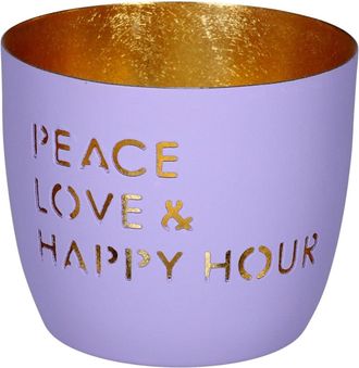 Gift Company Madras, Windlicht, M, Motiv: Peace, Love & Happy Hour, lila/Gold H8,5, D10cm