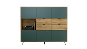 Vladon Highboard Marino V2, Sideboard mit 6 T&uuml;ren Fjord Gr&uuml;n und 4 Schubladen Eiche Evoke, Made in Germany, Korpus Eiche Evoke (152,5 x 125,5 x 37 cm)