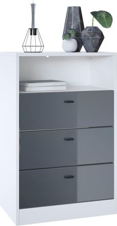 Vladon Kommode Pino V2, Made in Germany, Anrichte mit 3 Schubladen & 1 offenem Fach, Weiß matt/Grau Hochglanz (56 x 86,5 x 36 cm)