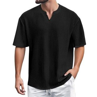 Generic T-shirt pour homme avec col en V, manches courtes, uni, ray&eacute;, ample et d&eacute;contract&eacute;, Noir, 3XL