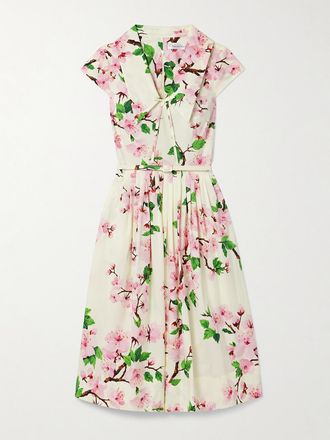 Oscar De La Renta Robe Midi En Popeline De Coton Mélangé Imprimée À Plis Et À Ceinture - Multicolore